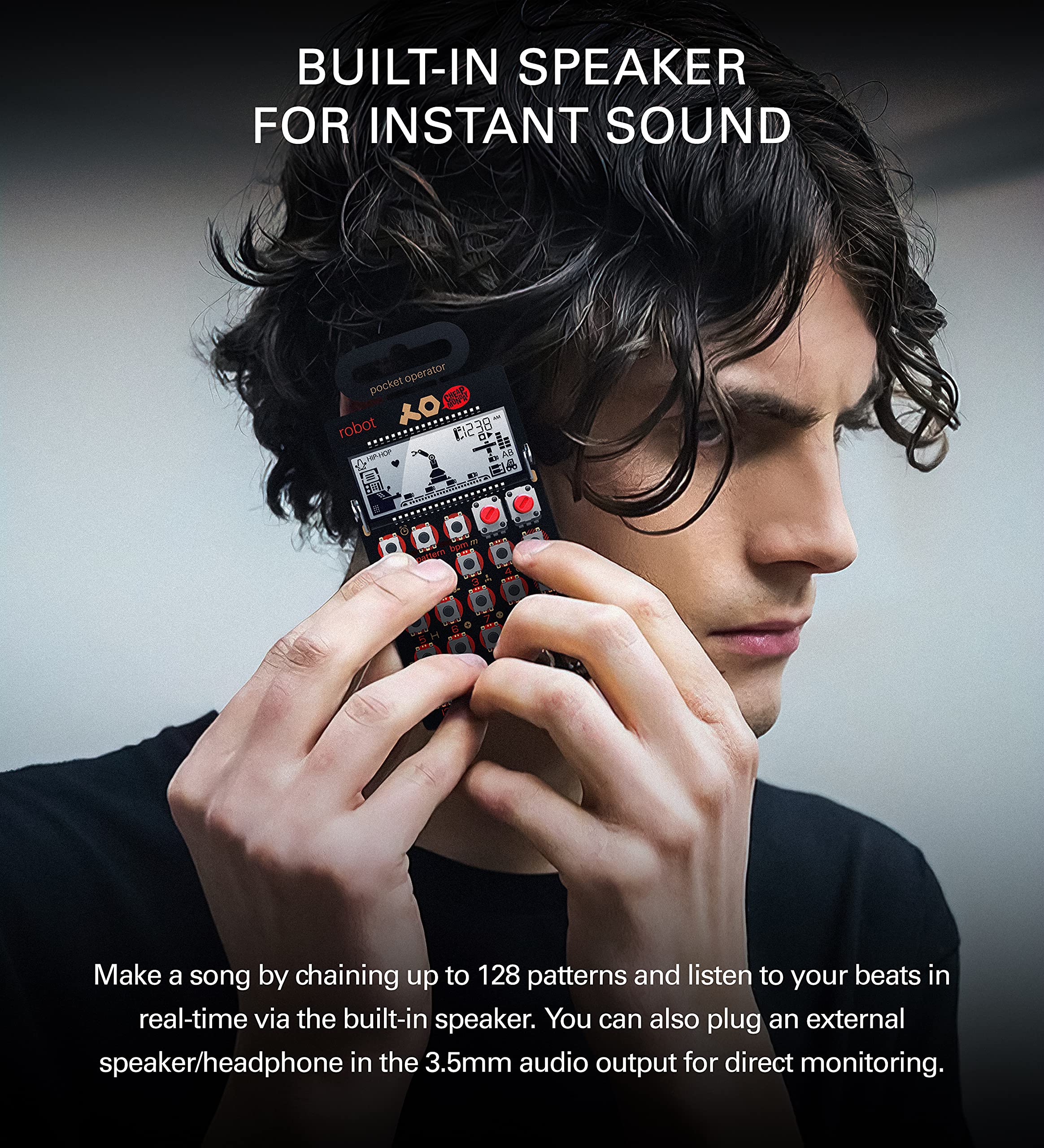 teen age engineering PO-28 Pocket Operator Robot Lead Synthesizer/Sequencer Bundle with Samson SR350 Over-Ear Closed-Back Headphones, Blucoil 3-Pack of 7" Audio Aux Cables, and 4 AAA Batteries