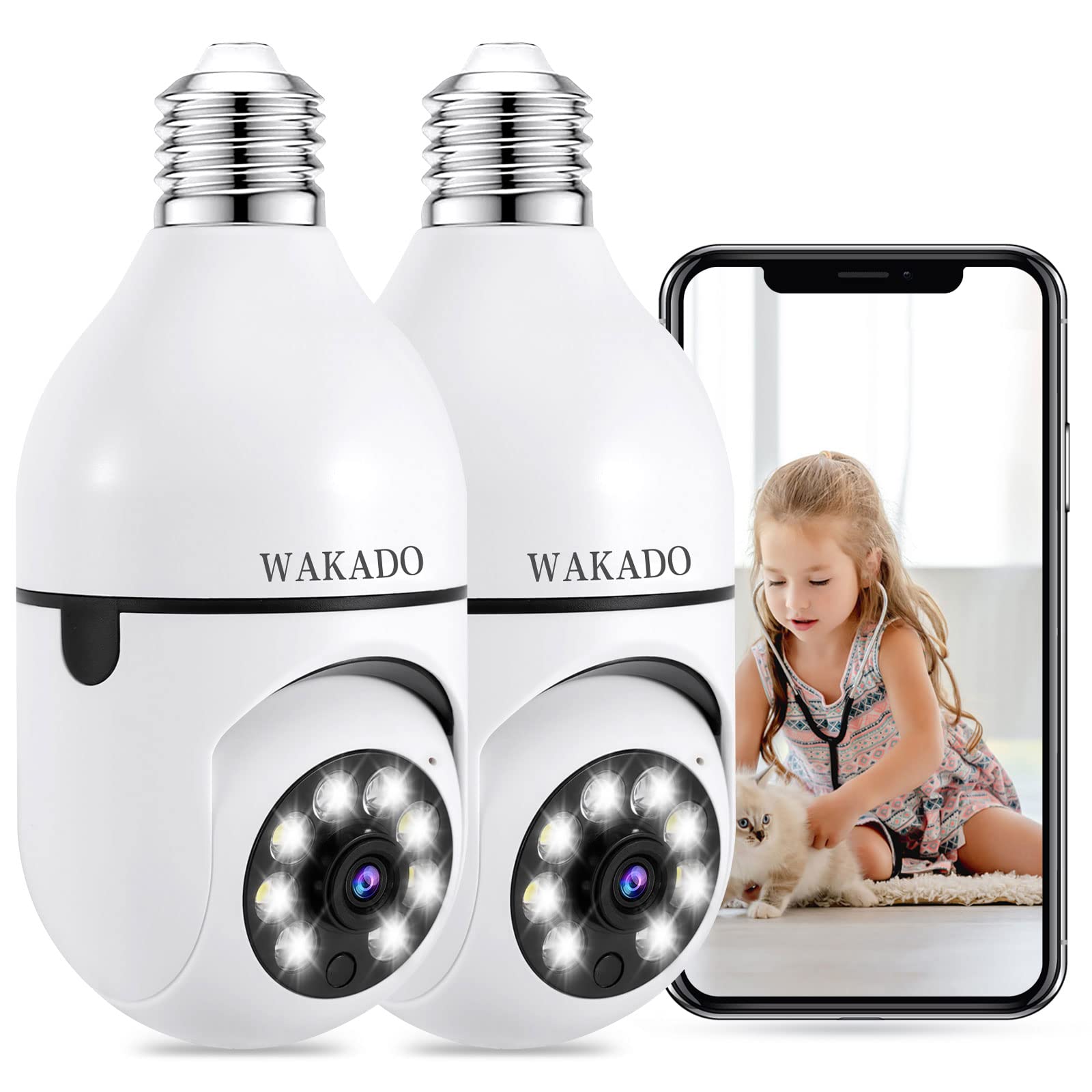 WAKADO Wireless Light Bulb Security Camera 1080P 360 Degree Pan Tilt Wireless Floodlight Night Vision with Floodlight Human Motion Detection and Alarm(2packs