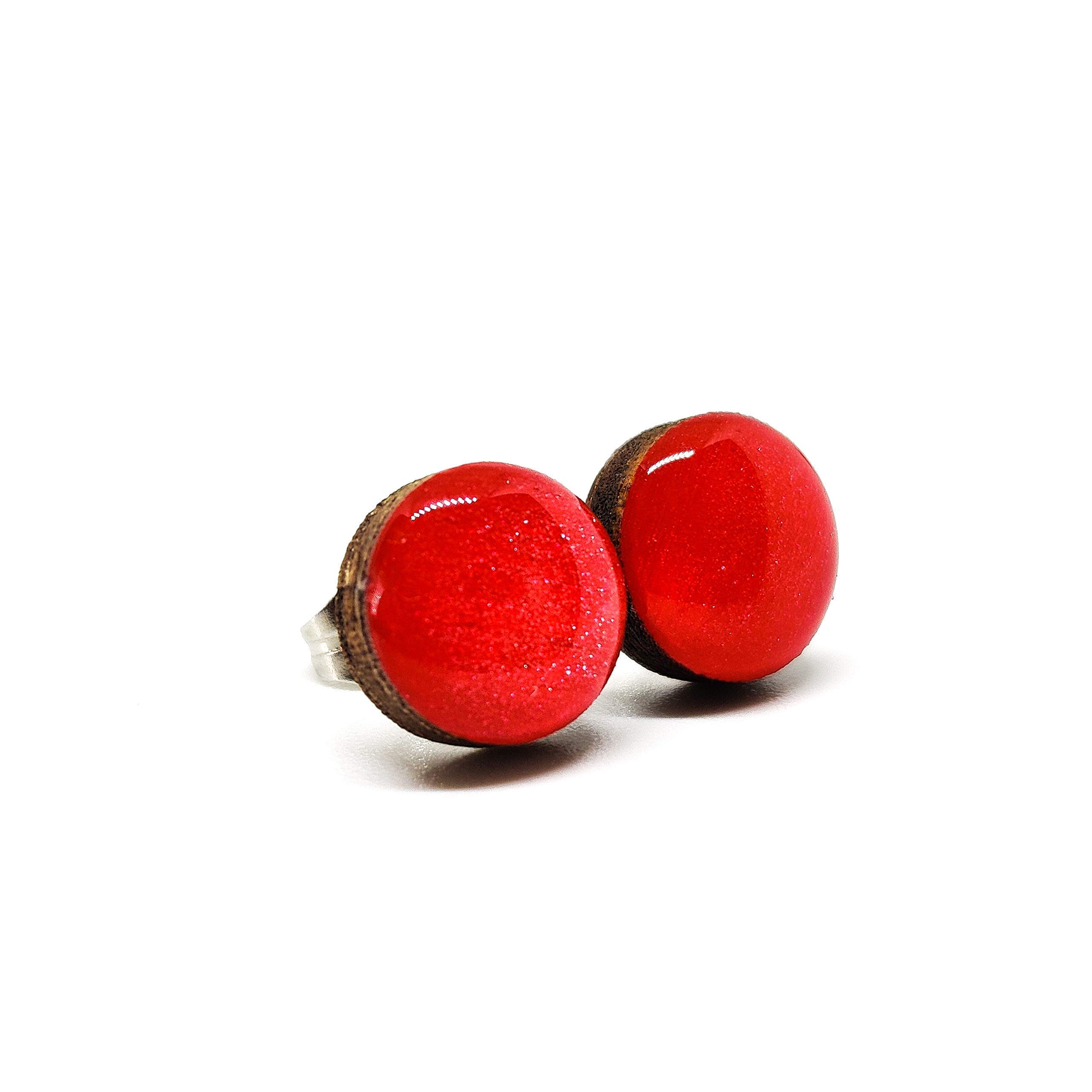 Stud Earrings, Shimmer, 10 mm, Handmade, Stainless Steel Posts for Sensitive Ears Stud for Women Men Girls (Scarlet Red Shimmer)