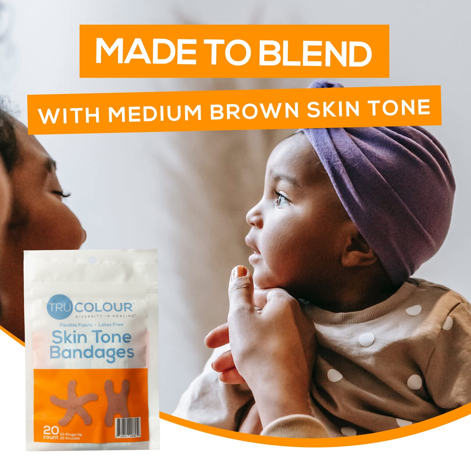 Tru Colour - Spot Bandages, Flexible Fabric Adhesive Bandages, Brown Skin Tone Shade, Orange Bag, 50 Count