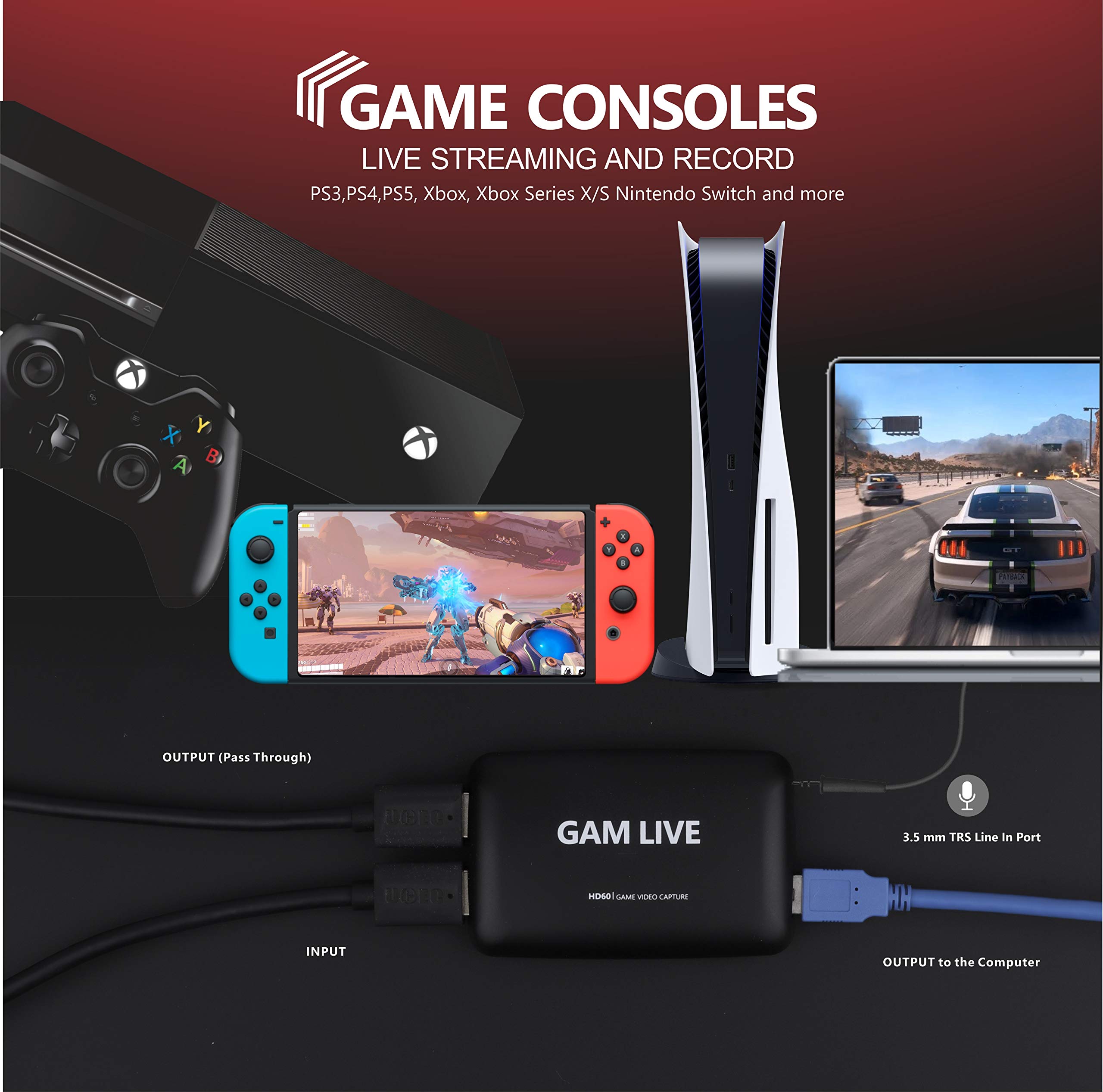 UCEC Capture card, GAM LIVE, 4K USB 3.0 Game Video Capture Card, 1080p60 and 4K30 for Live Streaming, Video Recording, Compatible with PS5, PS4, Xbox One, Xbox 360, Switch and More