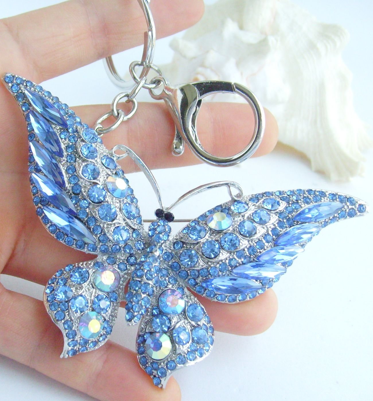 Sindary Pretty Butterfly Keychain Pendant Austrian Crystal K4538 (Silver-Tone Blue)