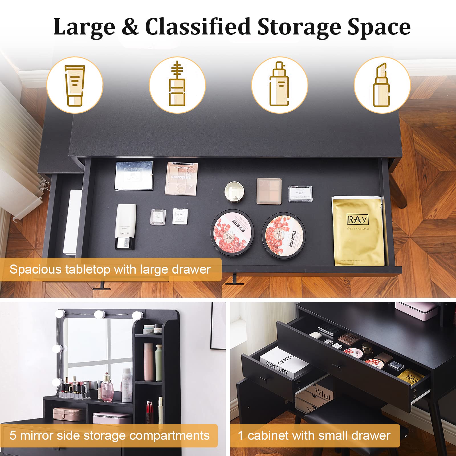 TUKAILAi Vanity Desk Set with LED Lighted Mirror & Cushioned Stool, Makeup Dresser Dressing Table with 5 Open Storage Shelves, 1 Drawer & Movable Chest, Gift for Women Girl Bedroom Studio (Black)