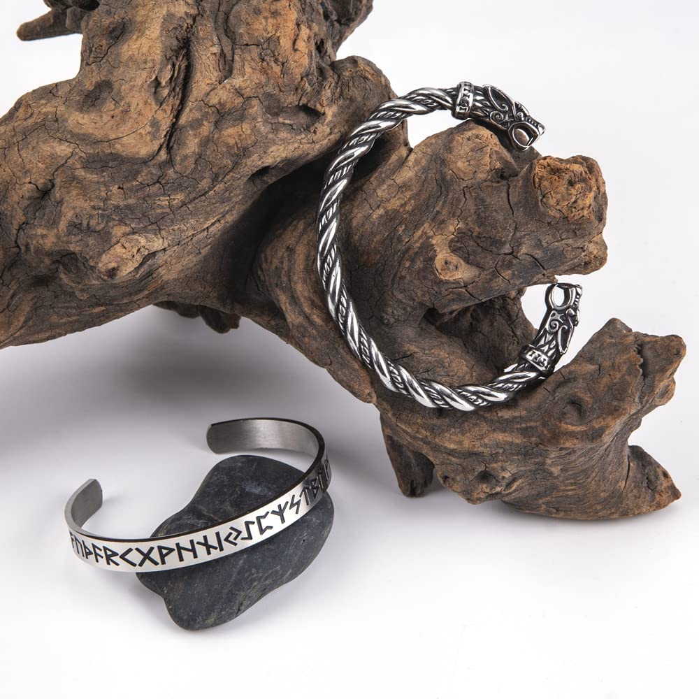 TURTLEDOVE Viking Wolf Fenrir Bangle β 2 PCS Stainless Steel Norse Scandinavian Torc β Rune Bangle Bracelet