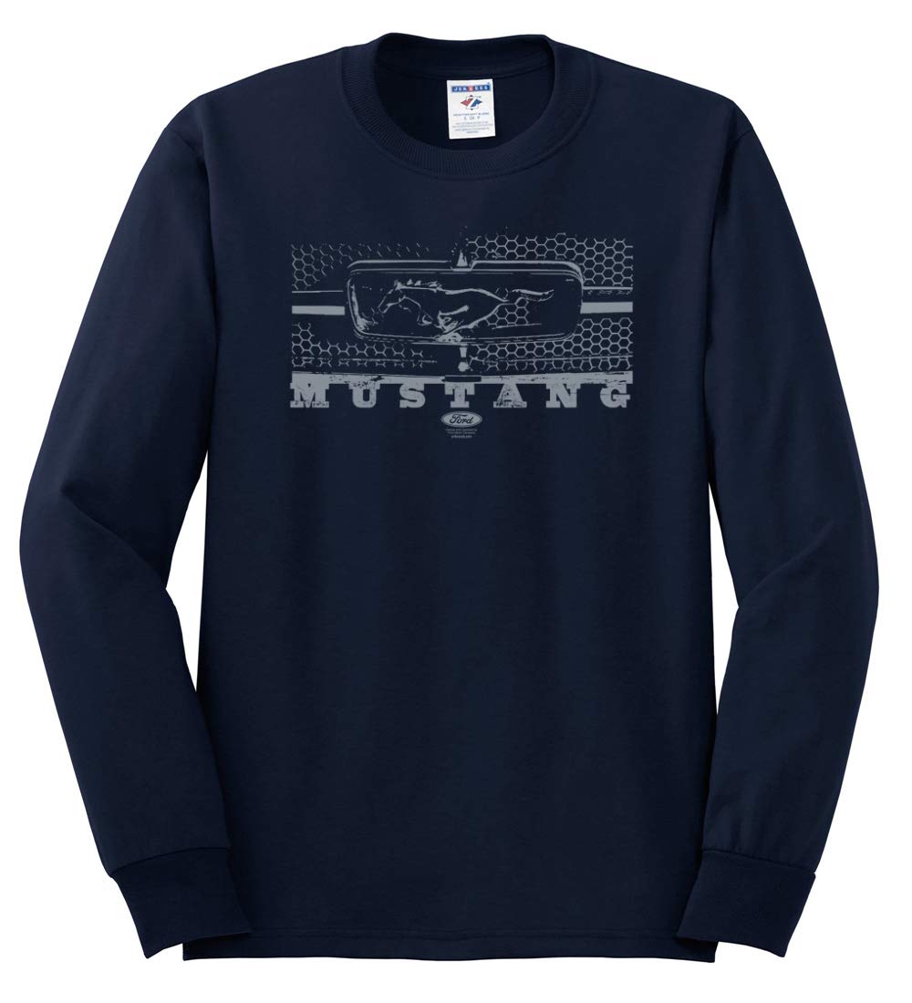Vintage Ford Mustang Silver Honeycomb Grill Distressed Cars and Trucks Mens Long Sleeve Shirt, Navy, Large