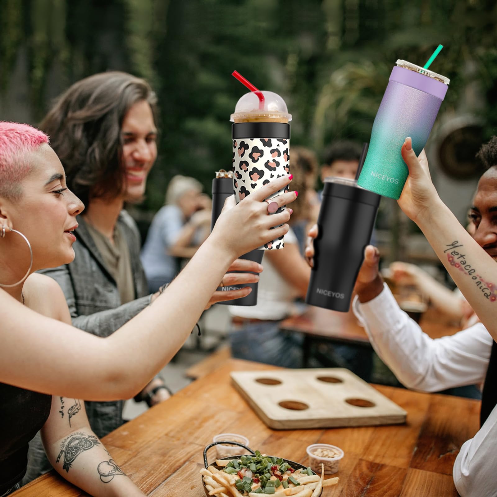 Universal Iced Coffee Sleeve - Upgraded Double Wall Reusable Stainless Steel Holder Sleeves Insulator for Cold Drinks Fits Starbucks Dunkin Donuts McDonalds Small Medium Large Cups (Luxy Leopard)