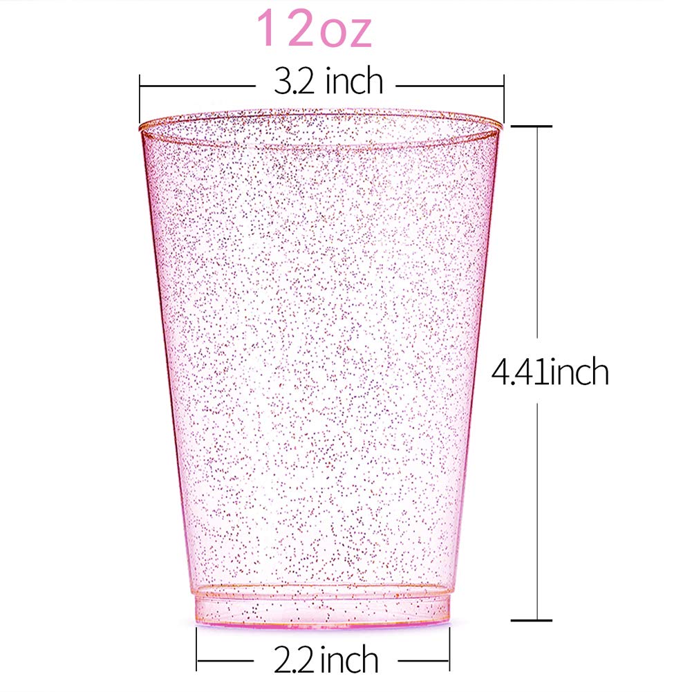 WDF 100pcs 12OZ Rose Gold Cups,Disposable Rose Gold Glitter Plastic Cups-Premium Wedding Pink Cups-Party Cups Perfect