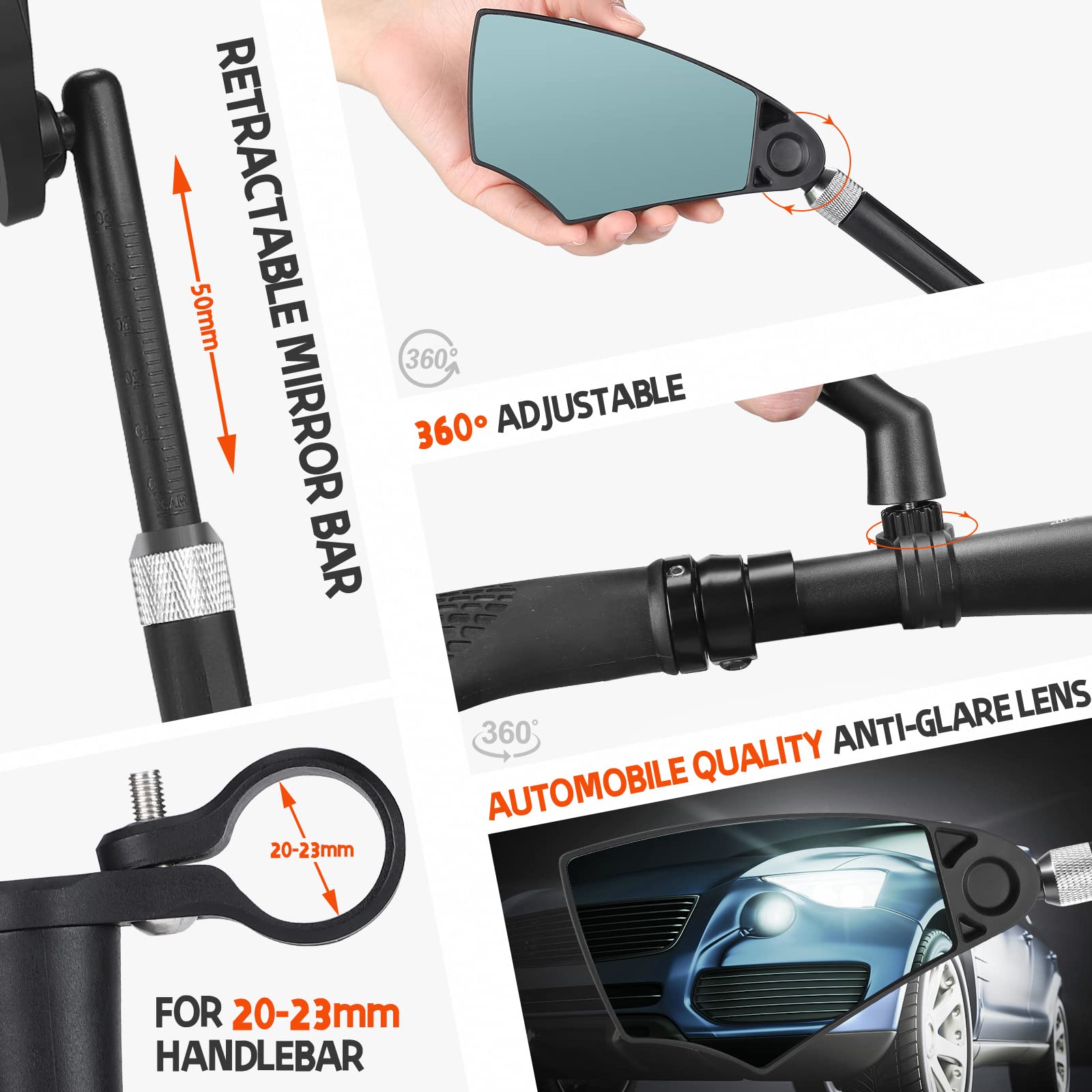 WEST BIKING Anti-Glare Handlebar Bike Mirror - Bike Rear View Mirror With Retractable & 360 ° Adjustable Lens, Foldable Bicycle Mirror For 20-23mm Handlebar (2PCS)