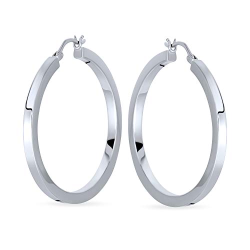 Simple Large Round Flat Square Tube Big Hoop Earrings For Women .925 Sterling Silver Hinged Notched Post 1.65 Inch Diameter
