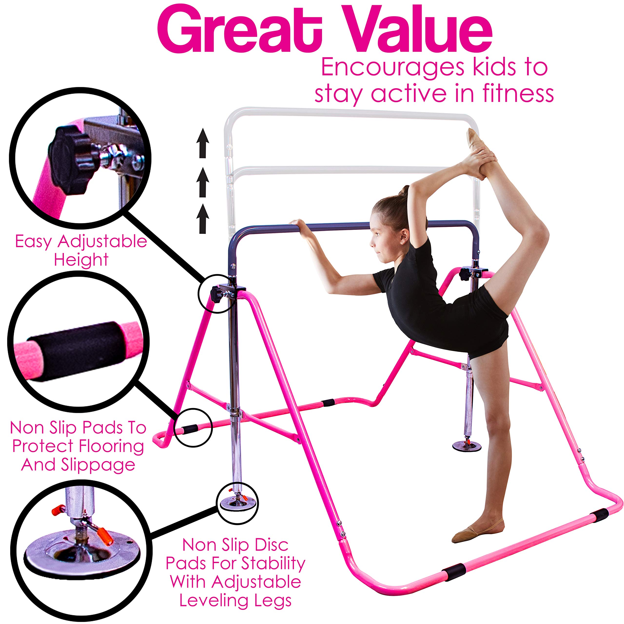 Upper Midland Products Gymnastic Bar for Girls, Adjustable Gymnastics Equipment for Home for Kids Training (Pink)