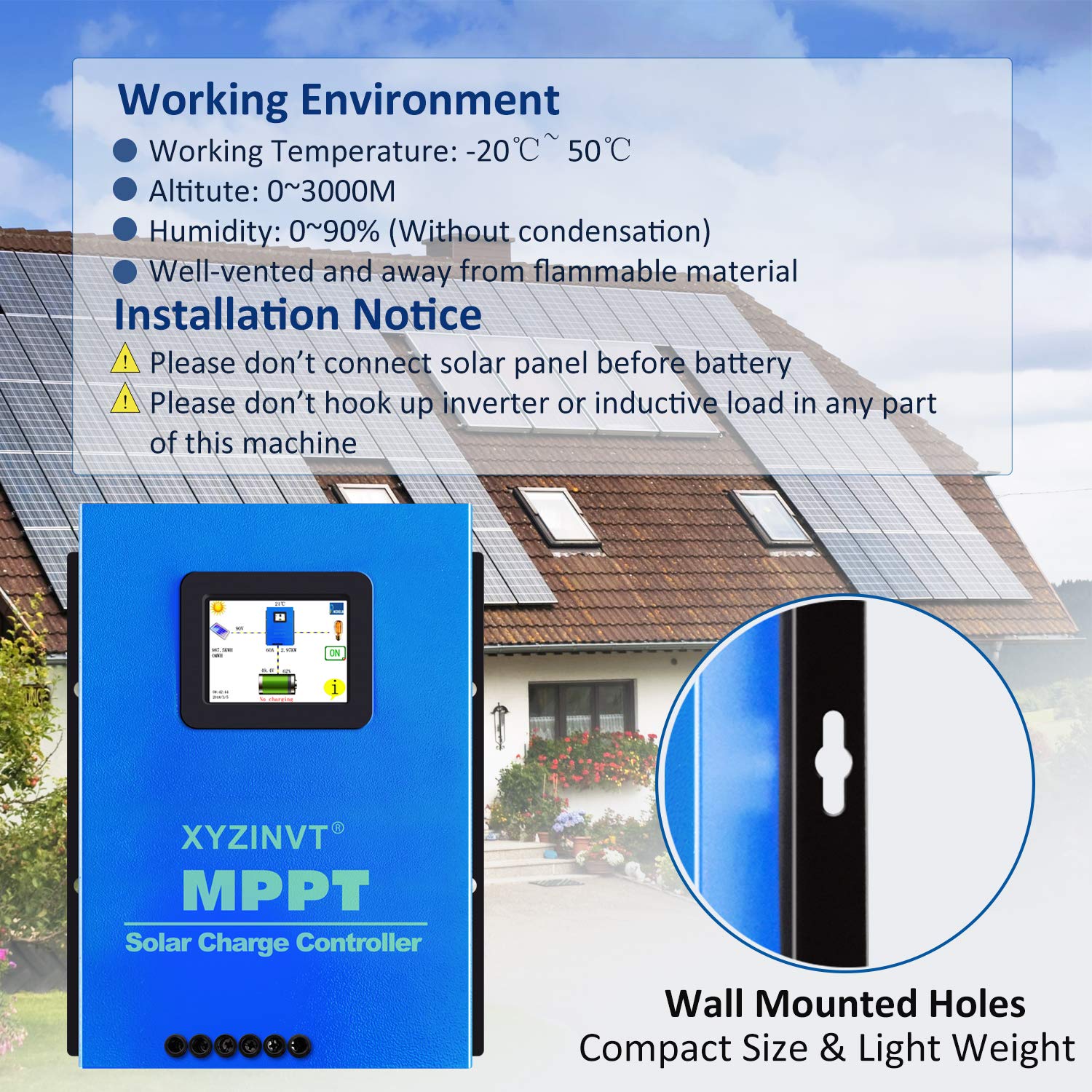 XYZ INVT MPPT Solar Charge Controller 60A Max 170V Input Volt PV Solar Panel Controller Touch Screen LCD Display 12V/24V/48V Auto Identify 36V Manual Setting (MPPT-60A)