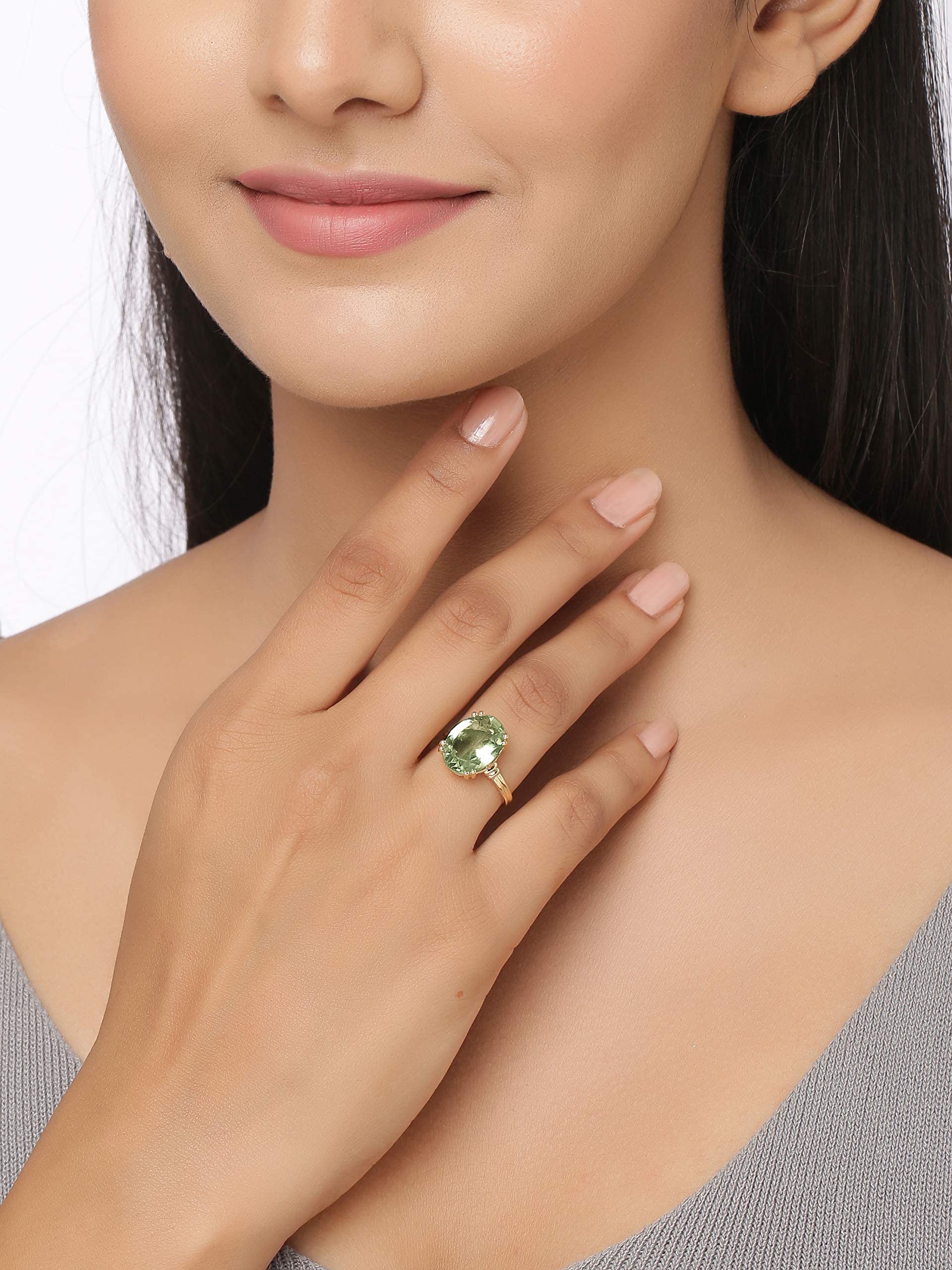 YoTreasure 10x14MM Green Amethyst Gold Plated 925 Sterling Silver Solitaire Ring