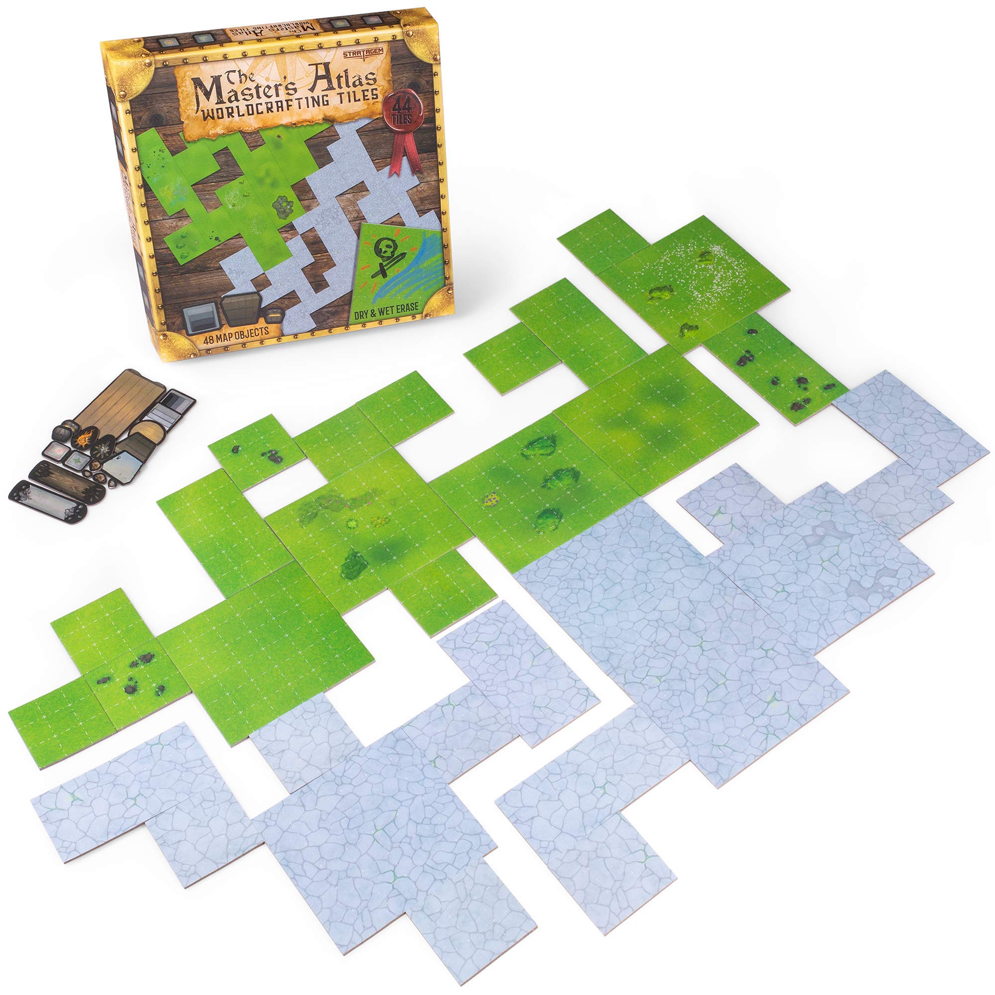 Stratagem The Master's Atlas Grid Tiles-Reversible Dry Wet Erase Battle Map for 3D DND-RPG Tabletop RPG Scenery-Dungeons Dragons Pathfinder- Tabletop Grid| Grass/Stone - 44 Tiles & 48 Tokens