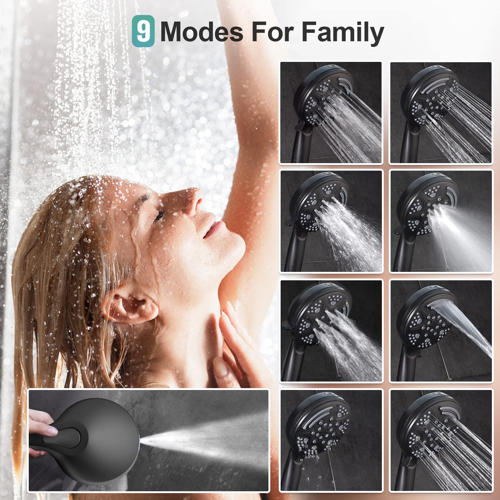 SR SUN RISE Shower Head - 9 Settings High Pressure Detachable Power Wash Handheld Showerhead, Spray Hand Showers with Extra Long Hose and 360° Adjustable Wall & Overhead Brackets (Matte Black)