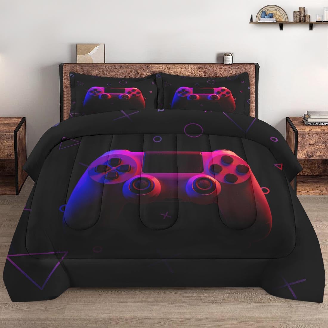 WeCozy Twin Size Comforter Set with Pillowcase, Red Gamepad Gaming Neon Game Soft Bedding Set for Kids and Adults Bedroom Bed Decor