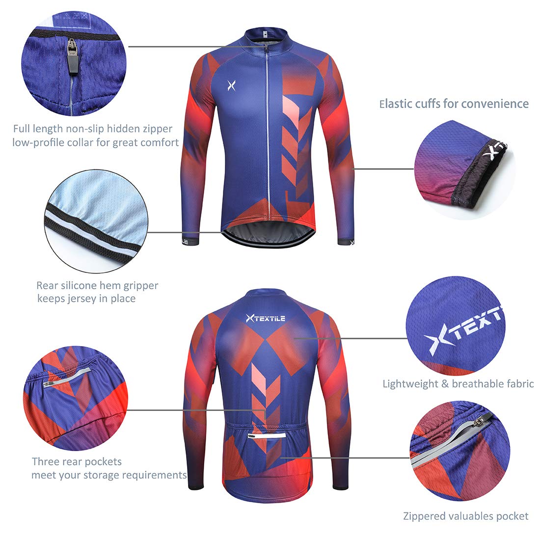 Xtextile Cycling Jersey Set Long Sleeve Zipper Workout Clothes for Men Cycling Clothes Set Tight Compression Leggings and Shirts