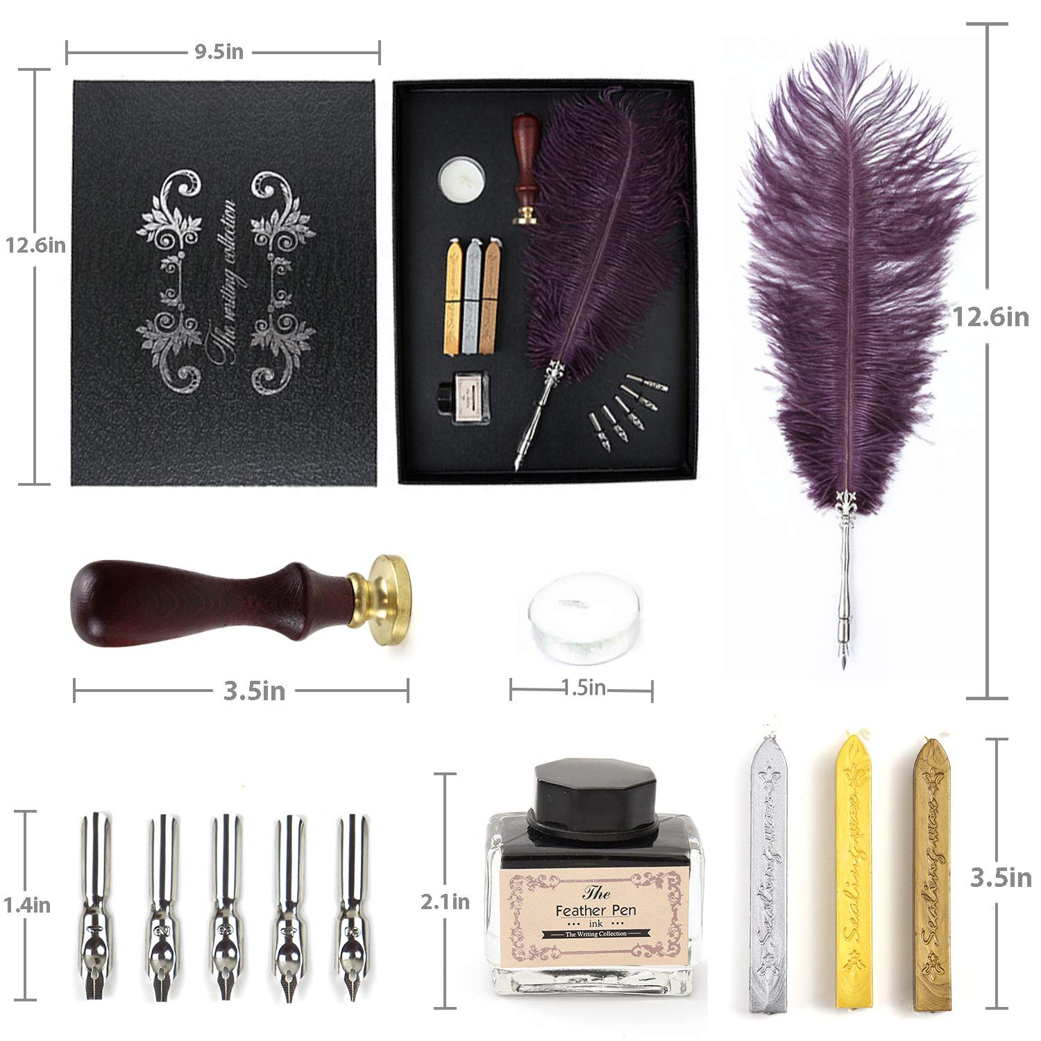 ZZKOKO Calligraphy Pens Set - Quill Pen Set for Beginners, Calligraphy Set Includes Feather Dip Pen, Seal Stamp, 3 Wax Seal Sticks, White Wax, 5 Nibs, Black Ink Bottle