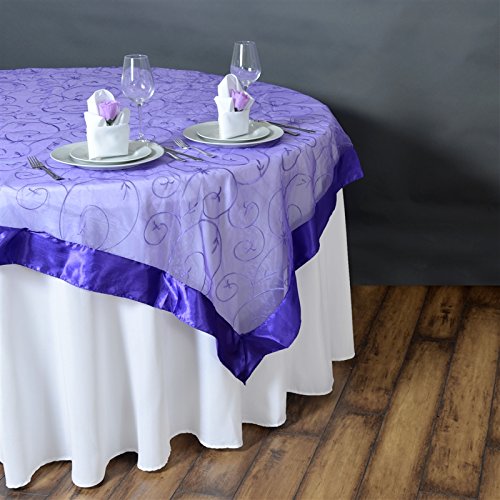 TABLECLOTHSFACTORY Purple Organza Embroidered Table Overlay 85"x85" (Table Toppers)