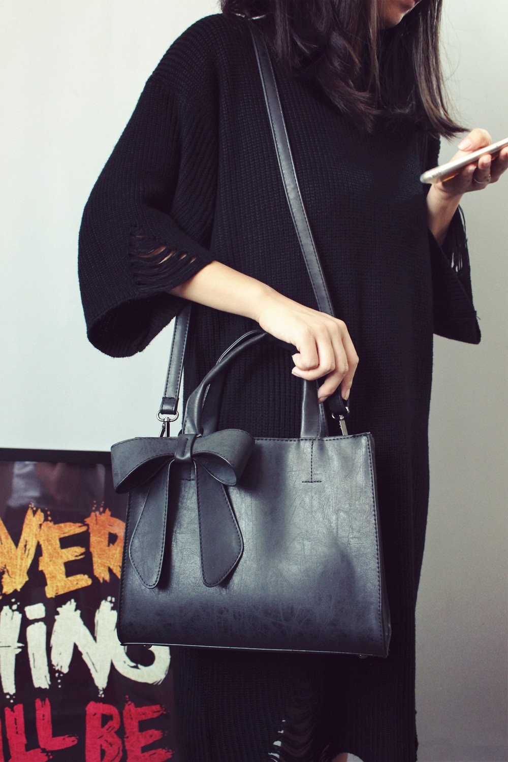 Women’s Tote Purses and Handbags Bow Tie Leisure Top-Handle Cross-body Shoulder Bags (Black)
