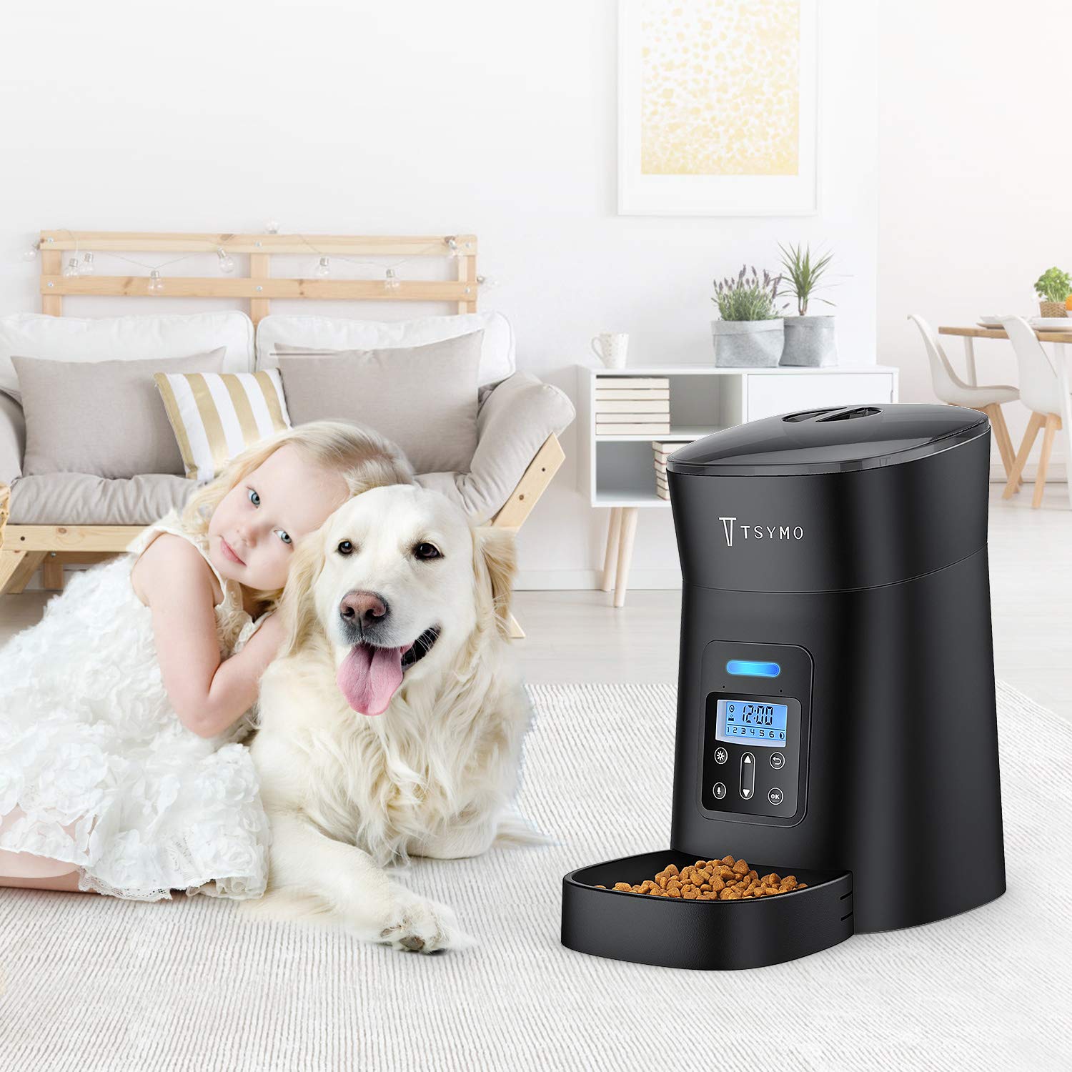 TSYMO Automatic Cat Feeder - 1-6 Meals Auto Dog Food Dispenser with Anti-Clog Design, Timer Programmable, Voice Recording & Portion Control for Small & Medium Pets (4 L Black)