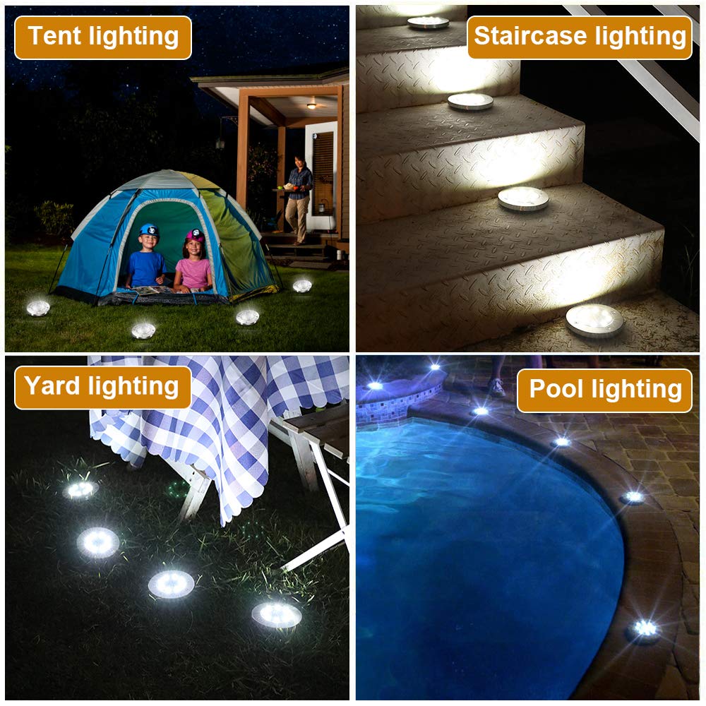 ZGWJ Solar 8 LED Disk Lights Upgraded Outdoor Ground Garden Landscape Lights for Lawn Pathway Yard Deck Patio Walkway (White)