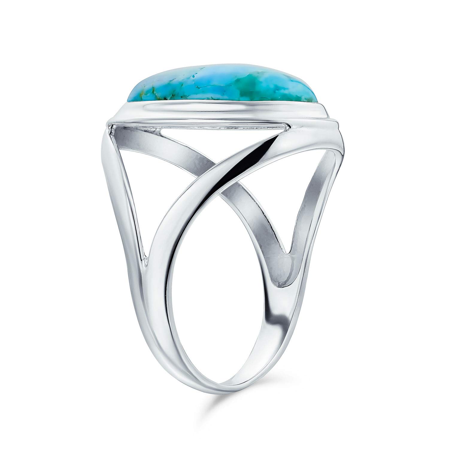 Simple Southwest Boho Style Large Dome Oval Cabochon Gemstone Bezel Set Blue Turquoise Western Statement Ring For Women Split Band .925 Sterling Silver