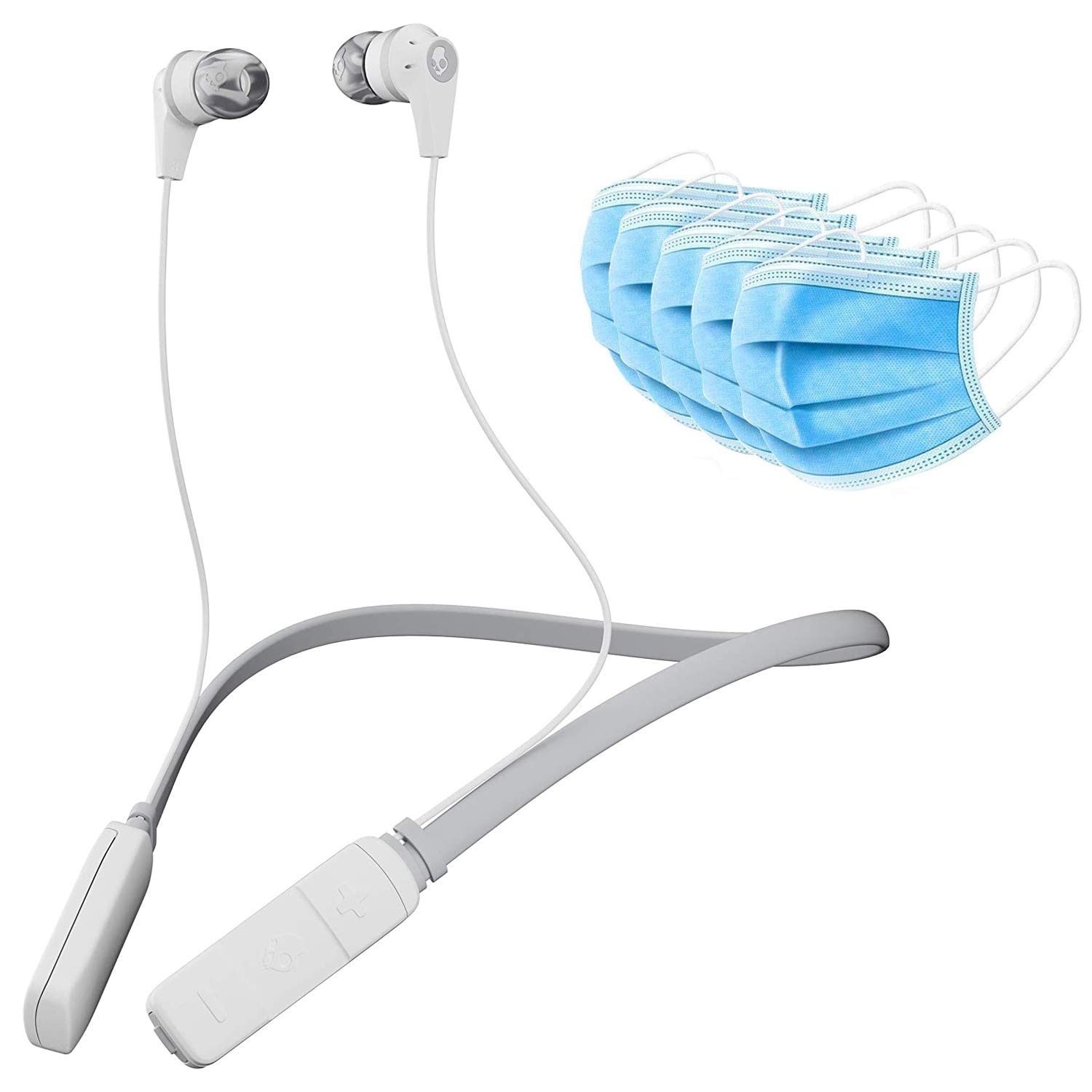 Skullcandy - Ink'd Bluetooth Wireless Earbuds w/Microphone, Noise Isolating Supreme Sound, 8-Hour Rechargeable Battery, Lightweight w/Flexible Collar (White) + 5-Pack Face Mask