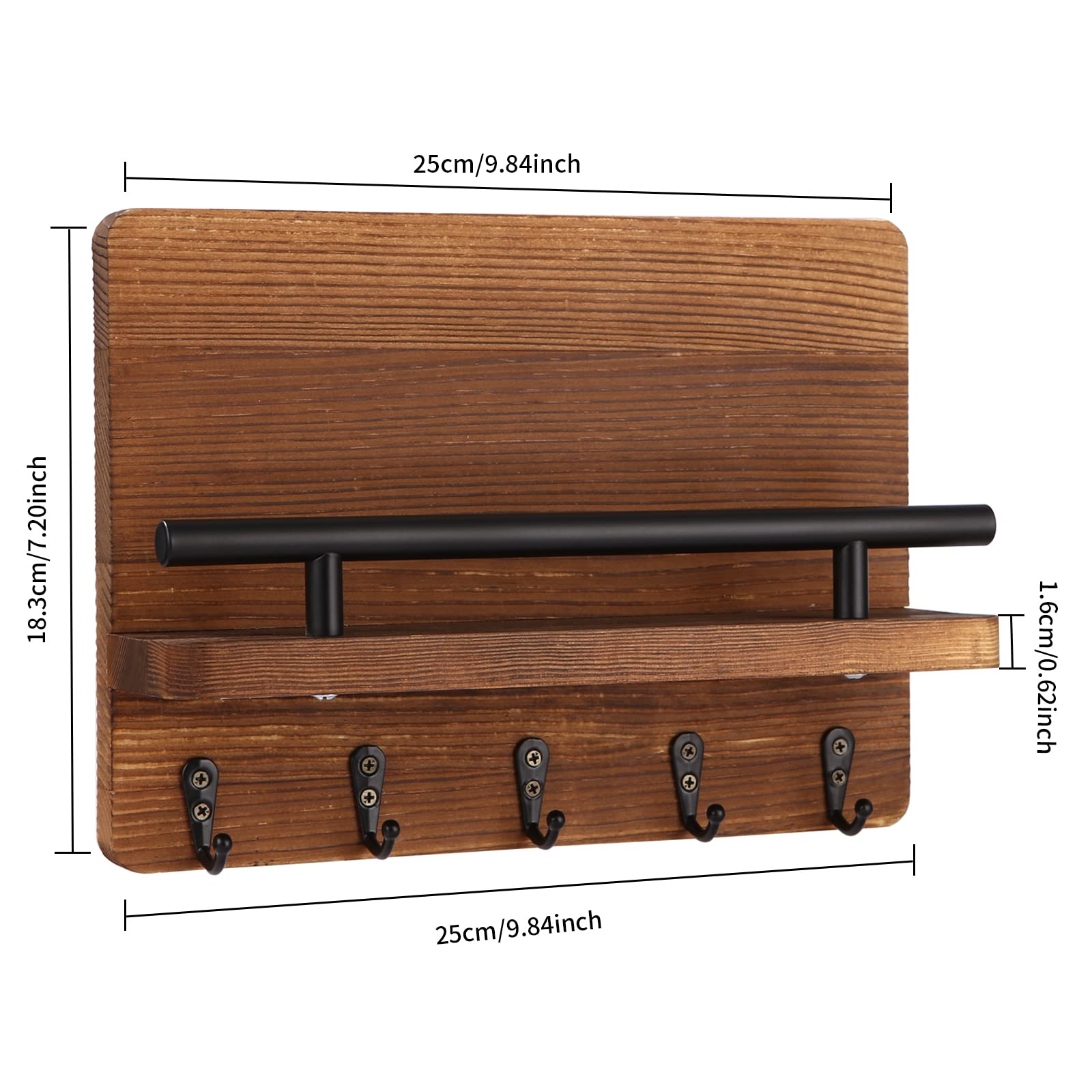 WuliYobo Key Holder for Wall, Key and Mail Holder for Wall, Key Hanger for Wall with Shelf, Wood Wall Shelf with Hooks, Mail Organizer for Wall Mount with Mounting Hardware (9.8”W x 7.2”H x 2.9”D)