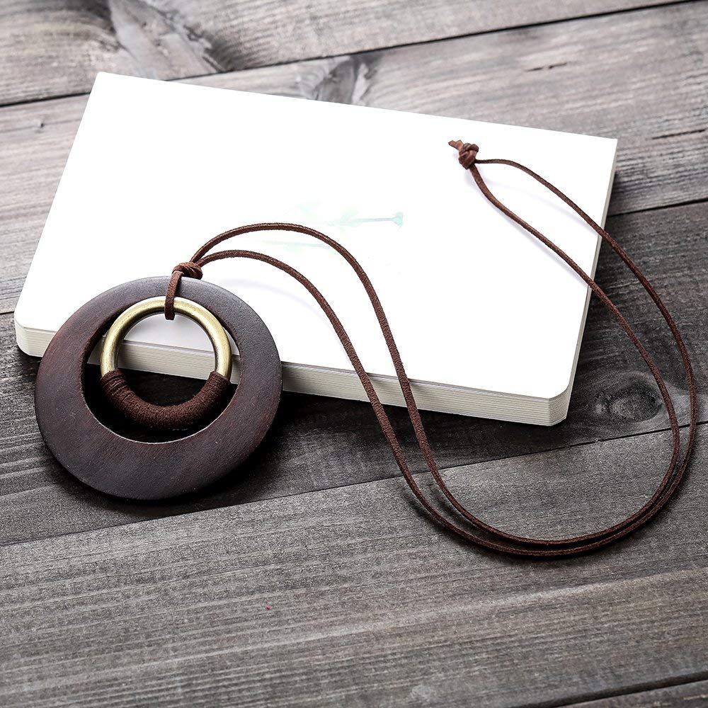 Womens Pendant Necklace Wood Handmade Jewelry Long Rope Sweater Necklace for Woman