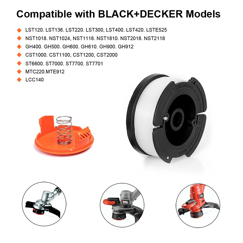 String Trimmer Spool Replacement for Black and Decker，AF-100 Weed Eater Spools with 30 Feet of .065-Inch Line, GH600 GH900 Edger with RC-100-P Spool Cap Covers
