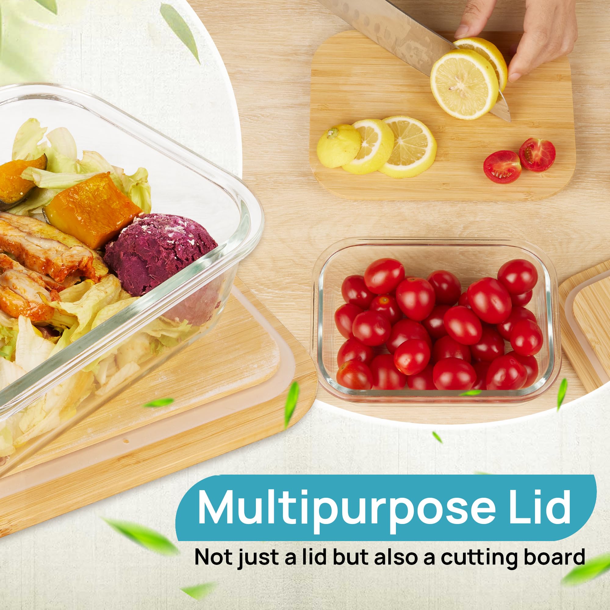 Vtopmart Glass Food Storage Containers with Bamboo Lids, 4 Pack Meal Prep Glass Containers Bento Lunch Box, Safe for Microwave, Oven, Freezer and Dishwasher, BPA Free