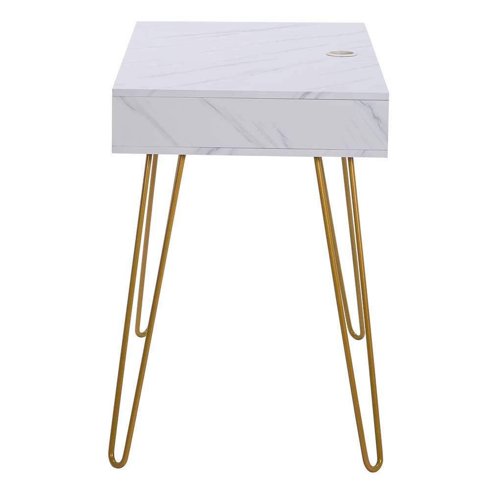 SSLine Gold and White Computer Desk Modern Writing Table Makeup Vanity Desk with White Faux Marble Top and Golden Metal Frame Elegant Laptop PC Workstation w/Two Storage Drawers for Home Office