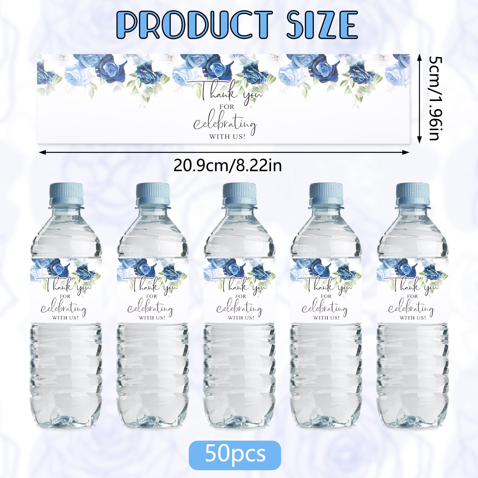 URROMA Wedding Water Bottle Labels, 50 Pcs Thank You White and Blue Rose Water Bottle Wraps Water Bottle Stickers for Birthday Baby Shower
