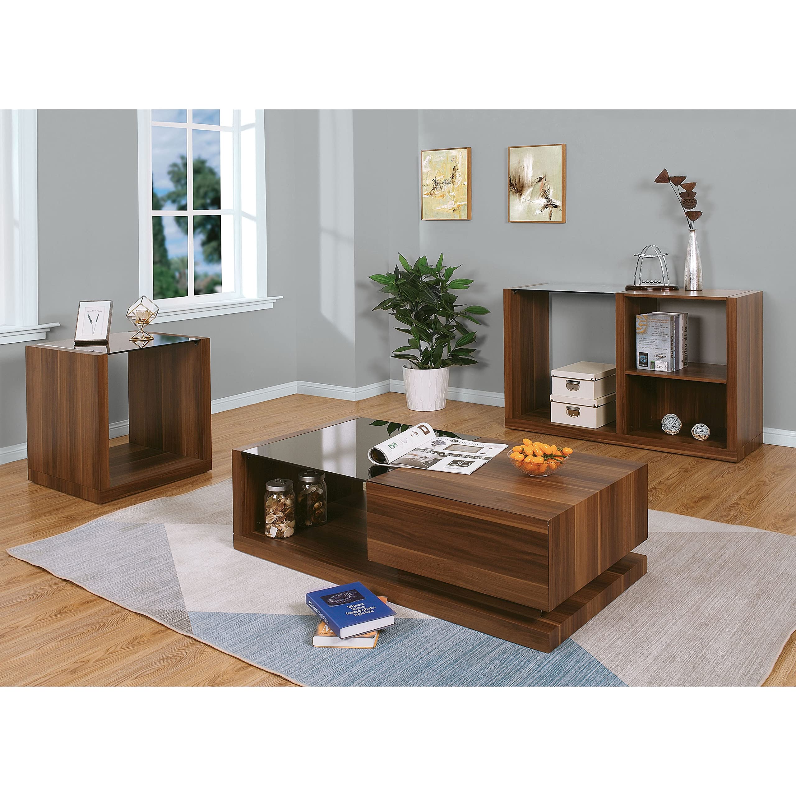 Walnut 3-Piece Storage Coffee Table Set Black Brown Farmhouse Modern Contemporary Rectangular Glass Veneer Finish Drawers Shelf