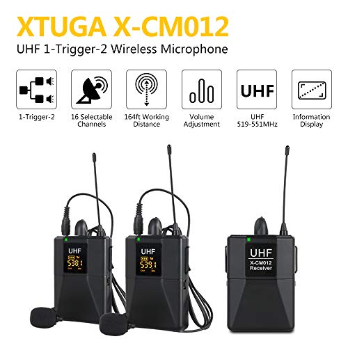 XTUGA X-CM012 UHF Dual Wireless Lavalier Microphone, UHF Lapel Mic System with 16 Selectable Channels Come with Two 3.5mm Cables up to 164ft Range for DSLR Camera/DV/Camcorders/Audio Recorder