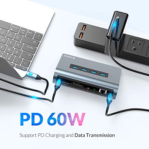 USB C HUB, ORICO 11 in 1 USB C Adapter Docking Station with Gigabit Ethernet Port, 4K HDMI, 4 USB 3.0 Ports, 60W USB C Power Delivery Charging, Audio, SD/TF Cards Reader for MacBook Pro, ChromeBook, X