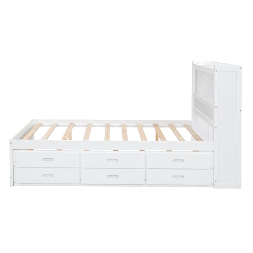 WOXYX Full Size Platform Bed, Wood Beds Frame with Trundle, Drawers and USB Plugs,White