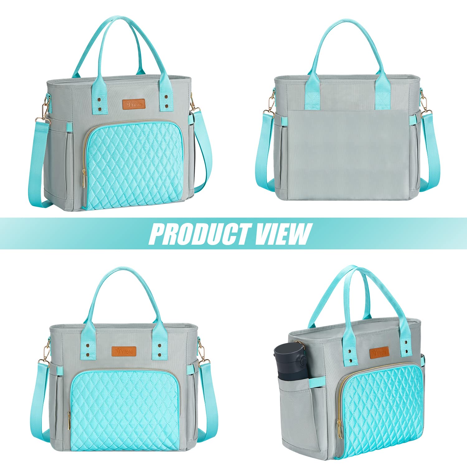 Yitote Cute Lunch Bag with Bottle Holder For Women Insulated with 4 Icepacks, ,Lunch Box with Adjustable Shoulder Strap For Work (Green Gray)