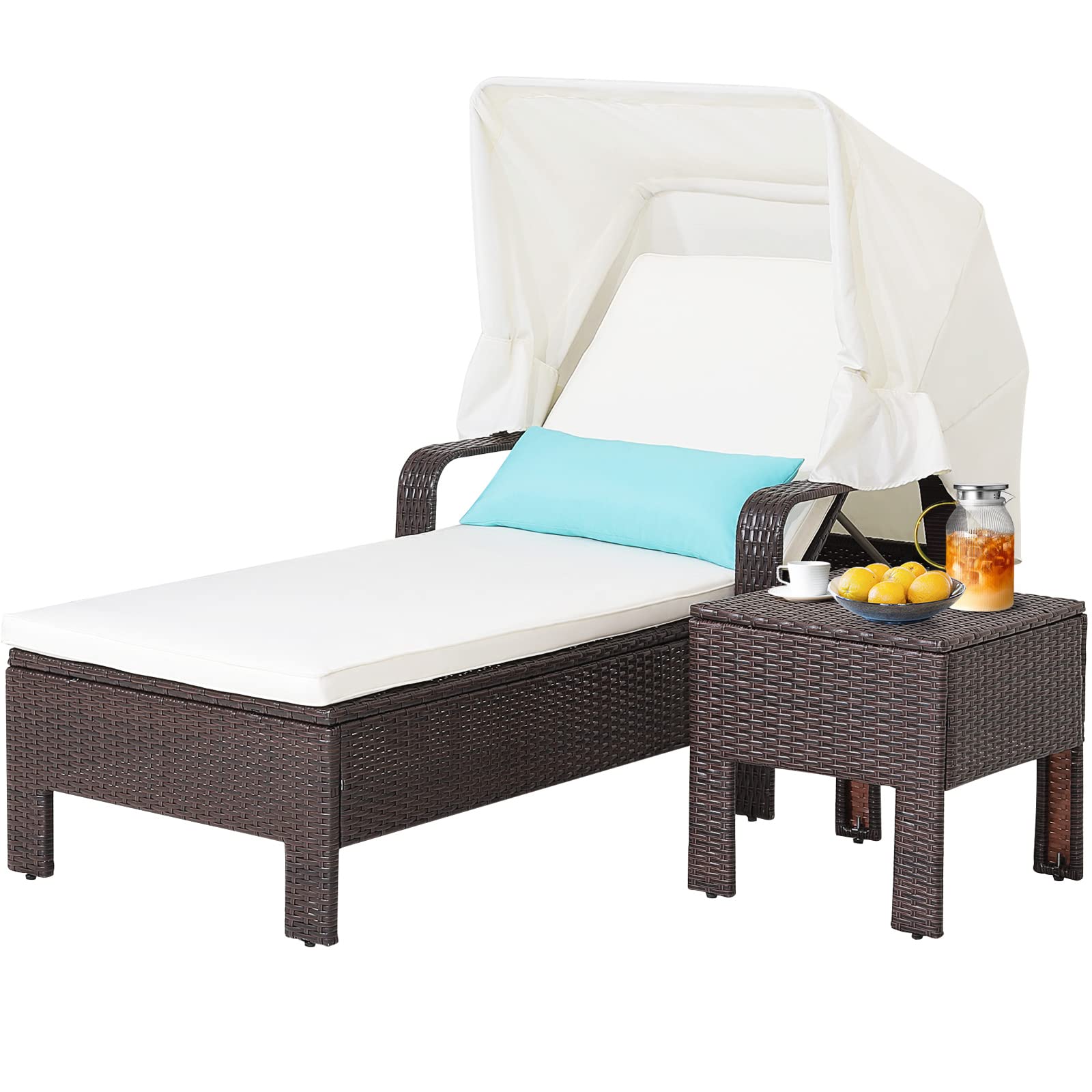 Tangkula Outdoor Chaise Lounge Chair and Table Set with Folding Canopy and Armrests, Patio Rattan Reclining Chair with 6-Level Adjustable Backrest, Cushioned Outdoor Recliner for Poolside, Backyard
