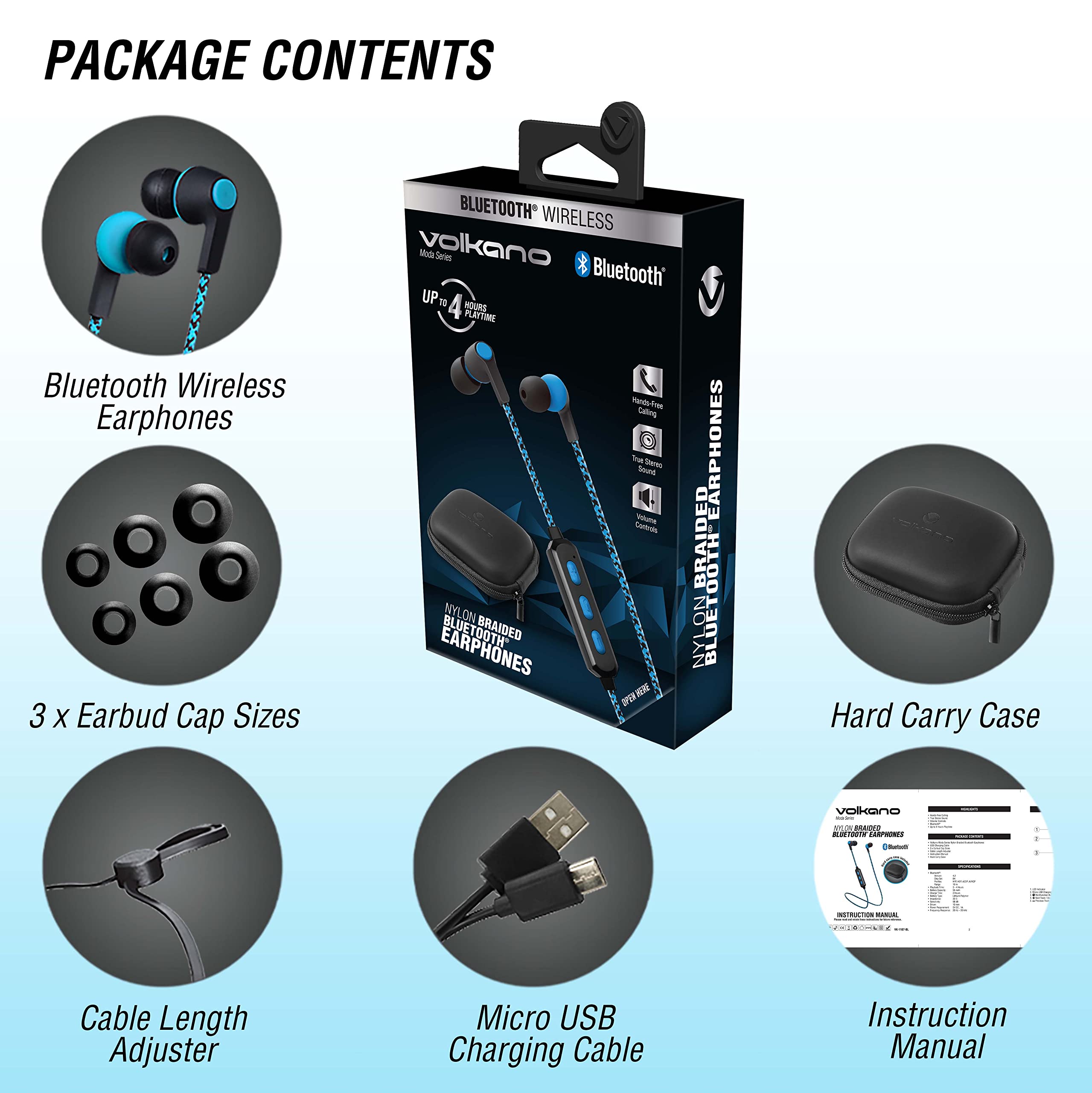Volkano Wireless Earphones with Microphone, Portable Square Earphone Carrying Case, True Stereo Sound in-Ear Bluetooth Headphones, Audífonos Inalámbricos Volume Control [Blue/Black] Moda Series