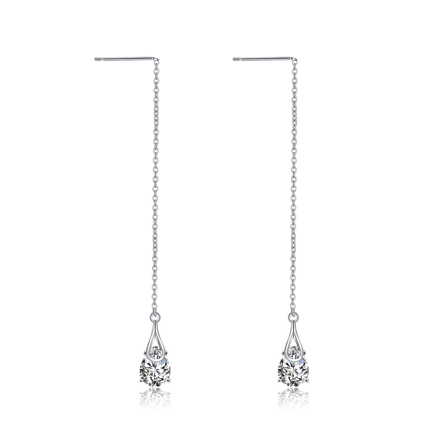 Threader Earrings Sterling Silver Teardrop Drop Pull Through Threader Earrings with Cubic Zirconia
