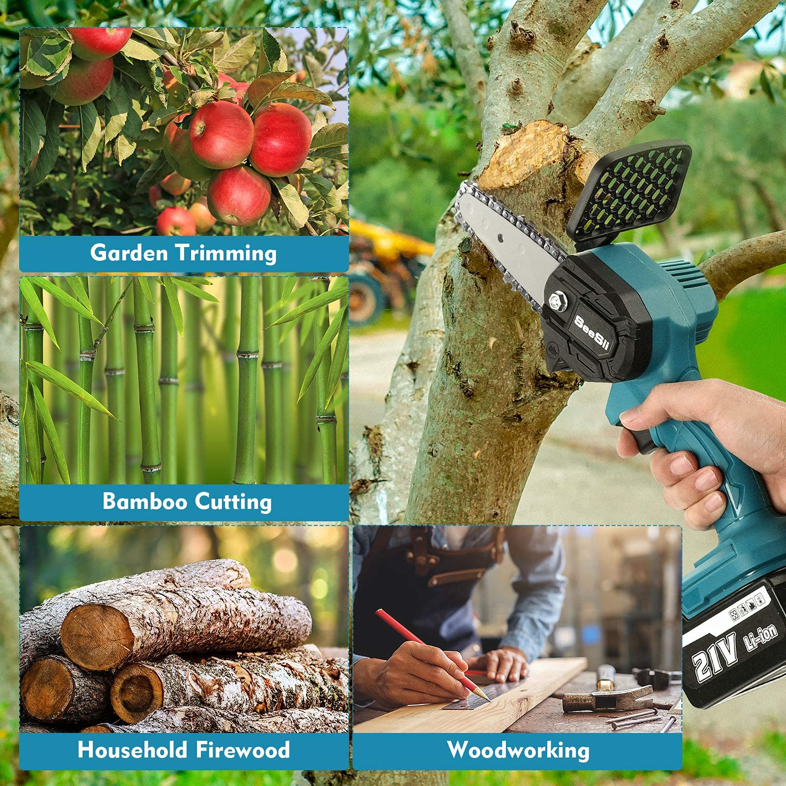 Seesii Mini Chainsaw, 4-Inch 21V Cordless Electric Protable Chainsaw With 2Pcs Batteries,One-Hand Lightweight, Battery-Powered Pruning Shears Chainsaw for Tree Branch Wood Cutting
