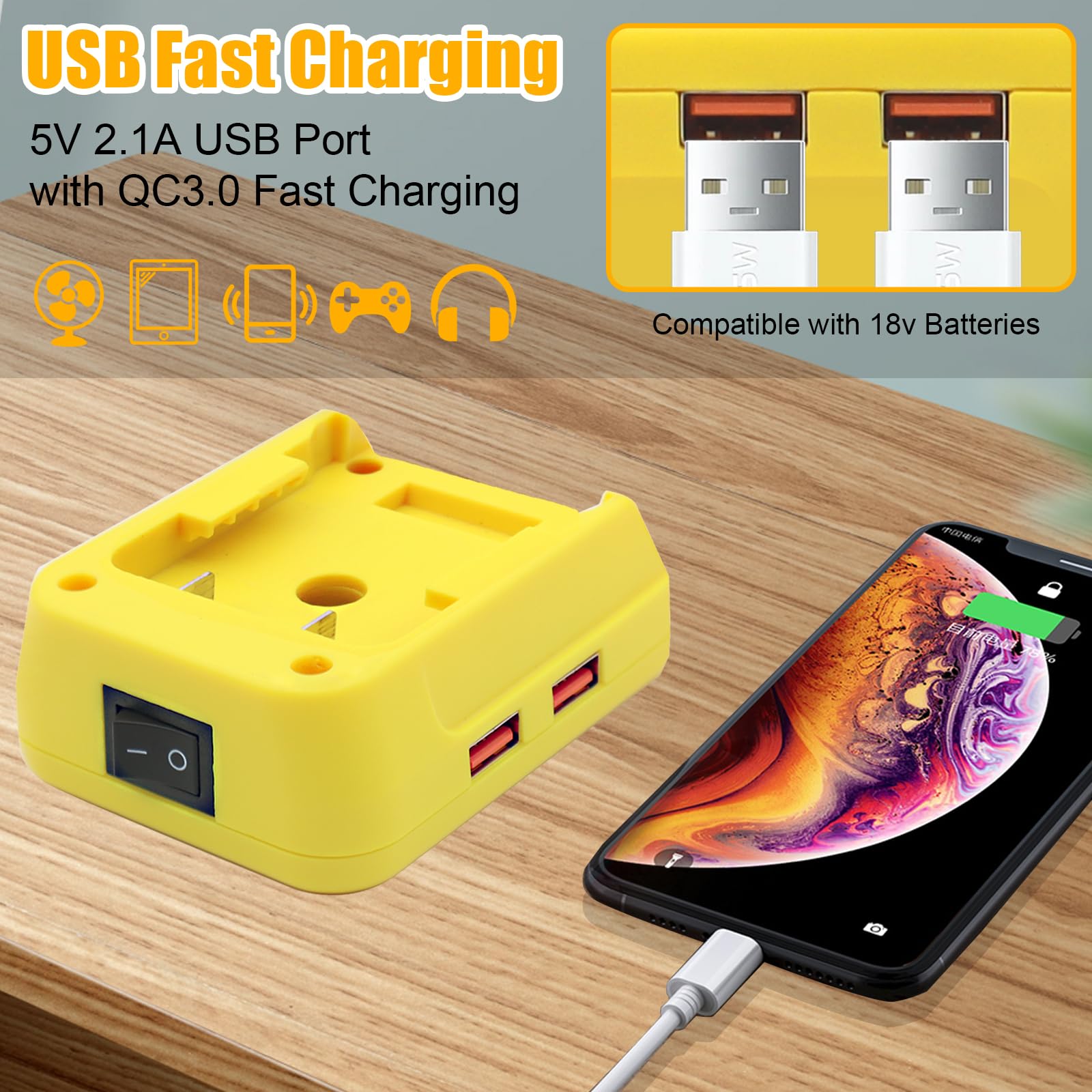 USB Battery Adapter Phone Charger Compatible with Dewalt 20v Max Battery Cordless Portable Battery Power Adapter Converter Connector Holder, Tool Only