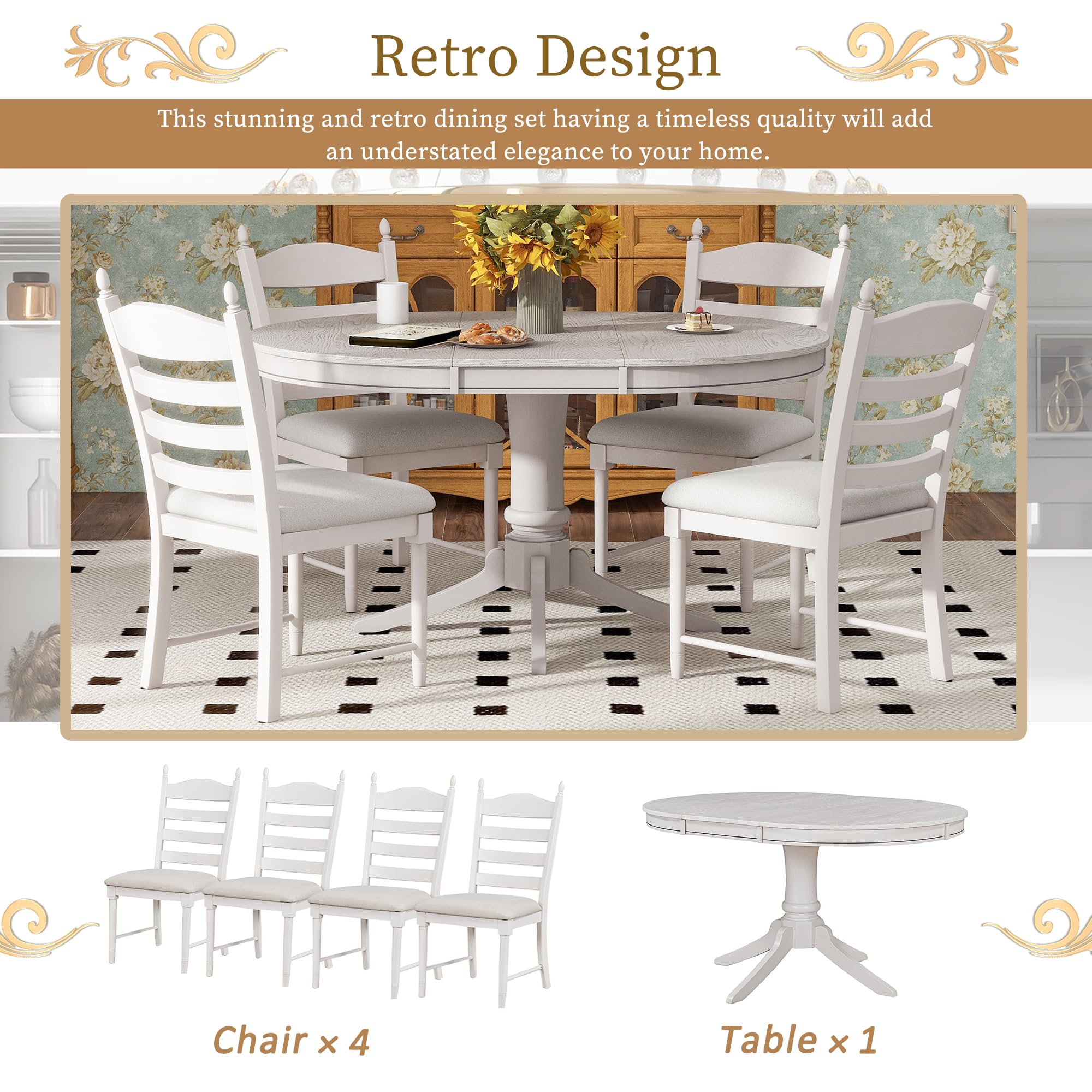 Wood 5-Piece Dining Table Set, Round Table with 4 Upholstered Dining Chairs for Kitchen Dining Room (Gray Table + Beige Chair)