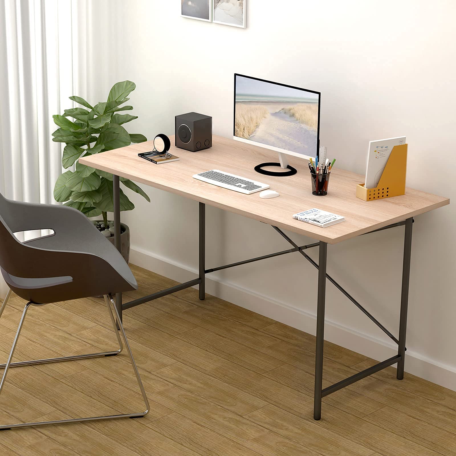 SMAGREHO Writing Computer Desk 47 inch,Home Office Sturdy PC Laptop,Modern Simple Style Wood Table,Black Metal Frame,Oak
