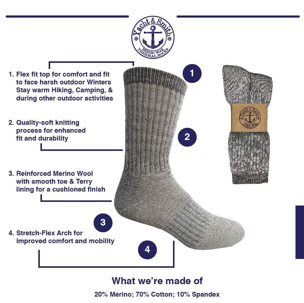 Yacht & Smith 4 Pairs Merino Wool Socks for Men & Women, Thermal, Warm Sock Hiking Winter, Bulk Pack