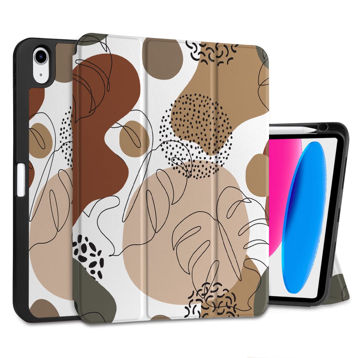 TWOLSKOO for New iPad 10th Generation Case 10.9 inch 2022, [Built-in Pencil Holder, Support Auto Sleep/Wake] Trifold Stand Protective Rubberized Back Cover, Geometric Shapes