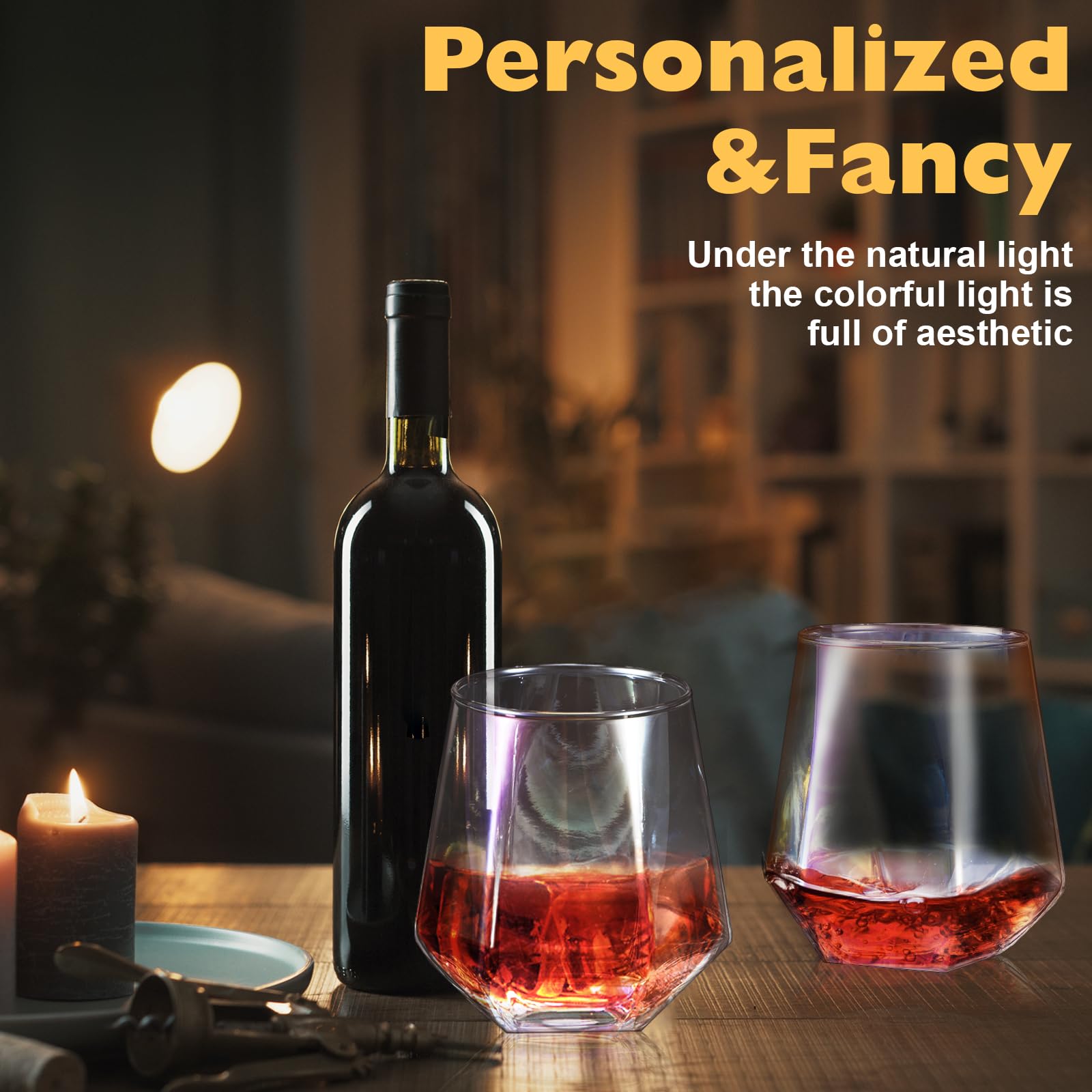 Tioncy 24 Pcs Diamond Stemless Wine Glass 10 oz Iridescent Wine Glass for Cocktail, Whiskey, Bourbon Modern Rainbow Wine Glasses Gift for Serving Party, Home, Bar