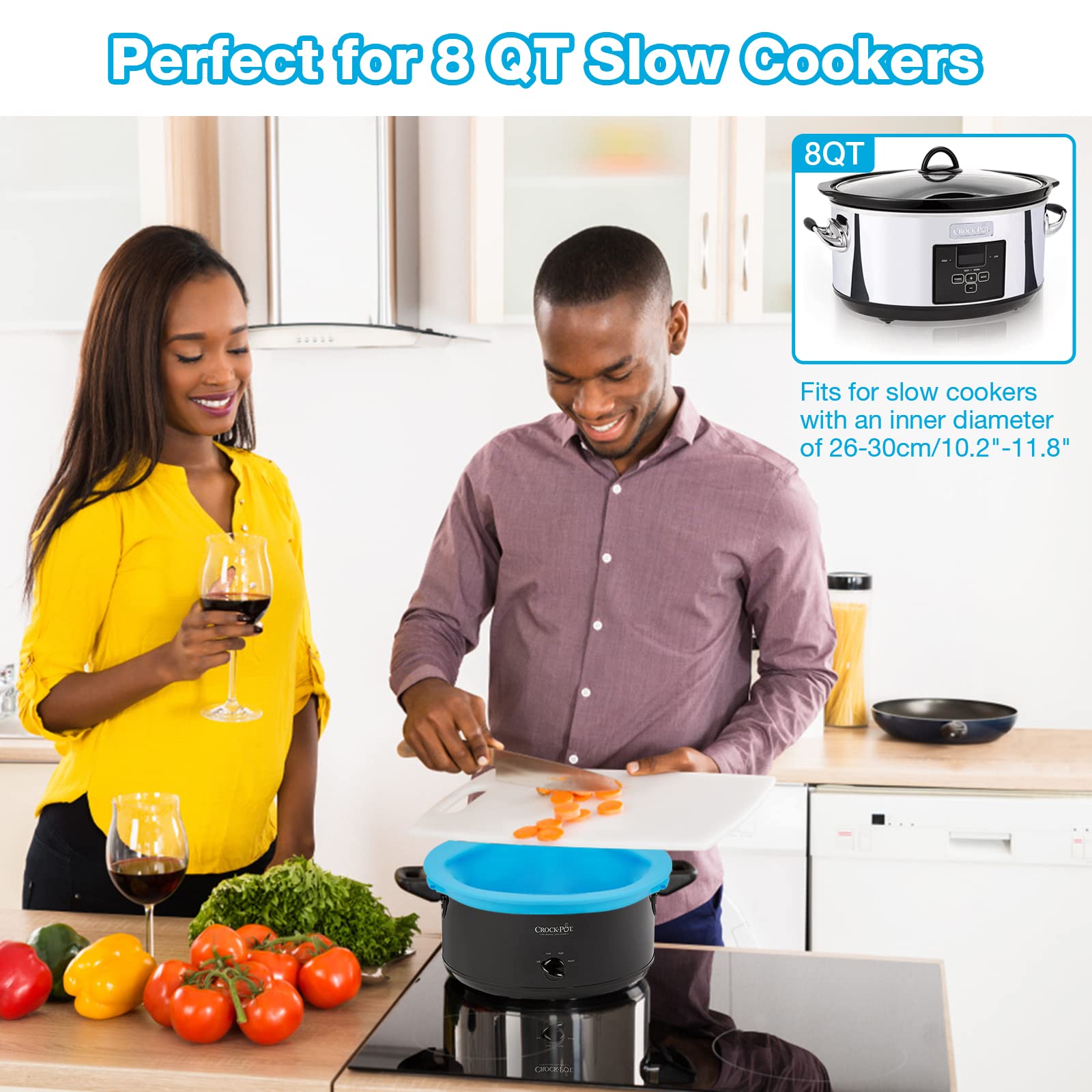 WAPSAT 2 Pack Silicone Slow Cooker Liners Fits for 7-8 QT Crockpot, Reusable Silicone Slow Cooker Liners, Safe Silicone Crockpot Liners (1pc Blue + 1pc Red)
