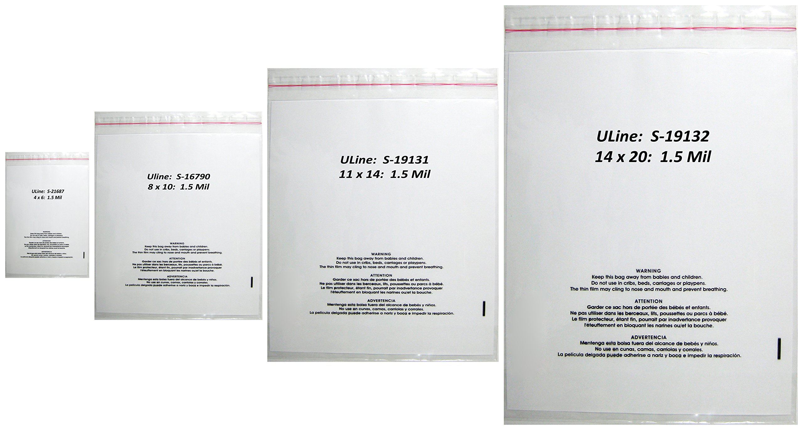 Uline Self-Seal Poly Bags: Clear with Suffocation Warning, 1.5 Mil, 400 Piece Combo Pack: 4 x 6, 8 x 10, 11 x 14 and 14 x 20 (100 Bags of Each Size)